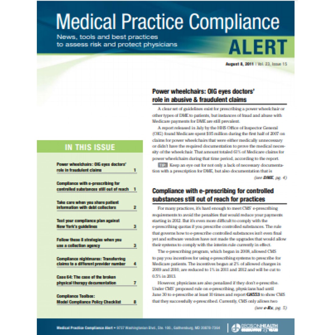 Medical Practice Compliance Alert Magazine Subscriber Services